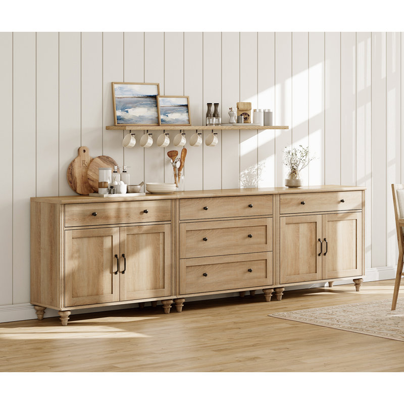 Charlton Home® Scarlett Sideboard Cabinet With 5 Drawers And 4 Doors, Vintage Wood Grain Design ...